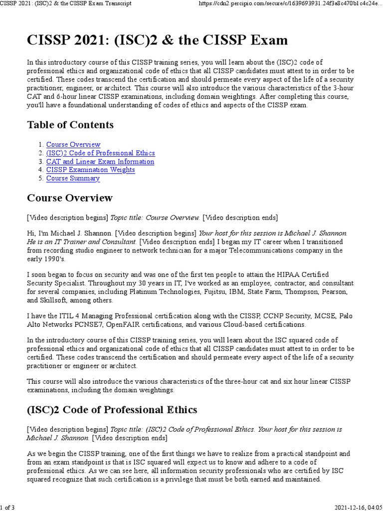 CISSP 2021 (ISC) 2 & The CISSP Exam Transcript | PDF | Test (Assessment)