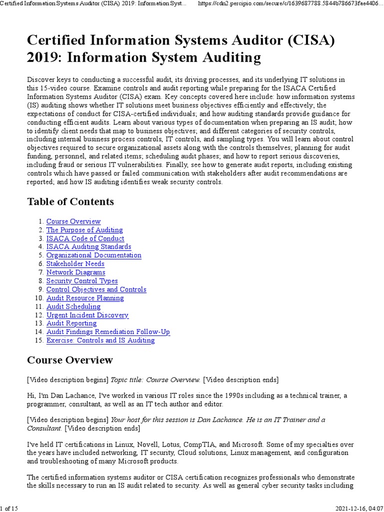 Certified Information Systems Auditor (CISA) 2019 Information System Auditing Transcript | PDF ...