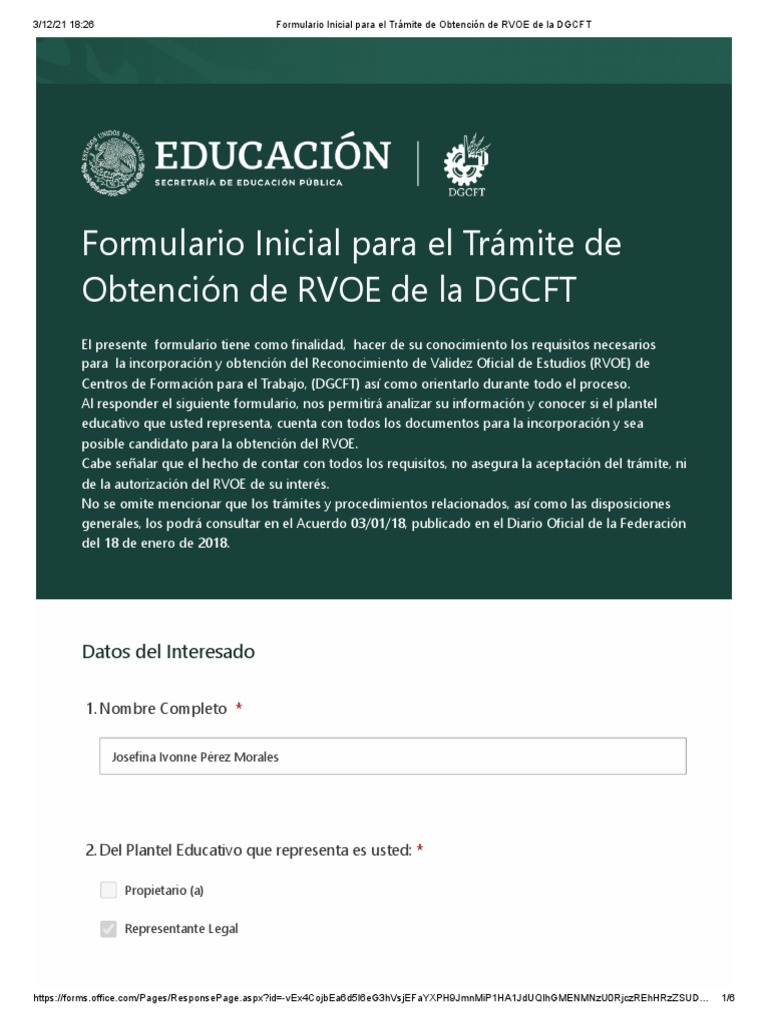 Formulario Inicial para El Trámite de Obtención de RVOE de La DGCFT | PDF