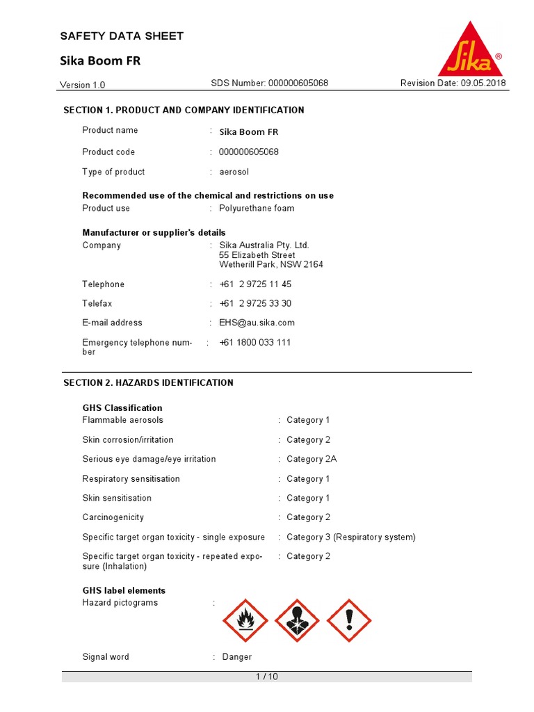 Sika Boom FR: Safety Data Sheet | PDF | Toxicity | Safety