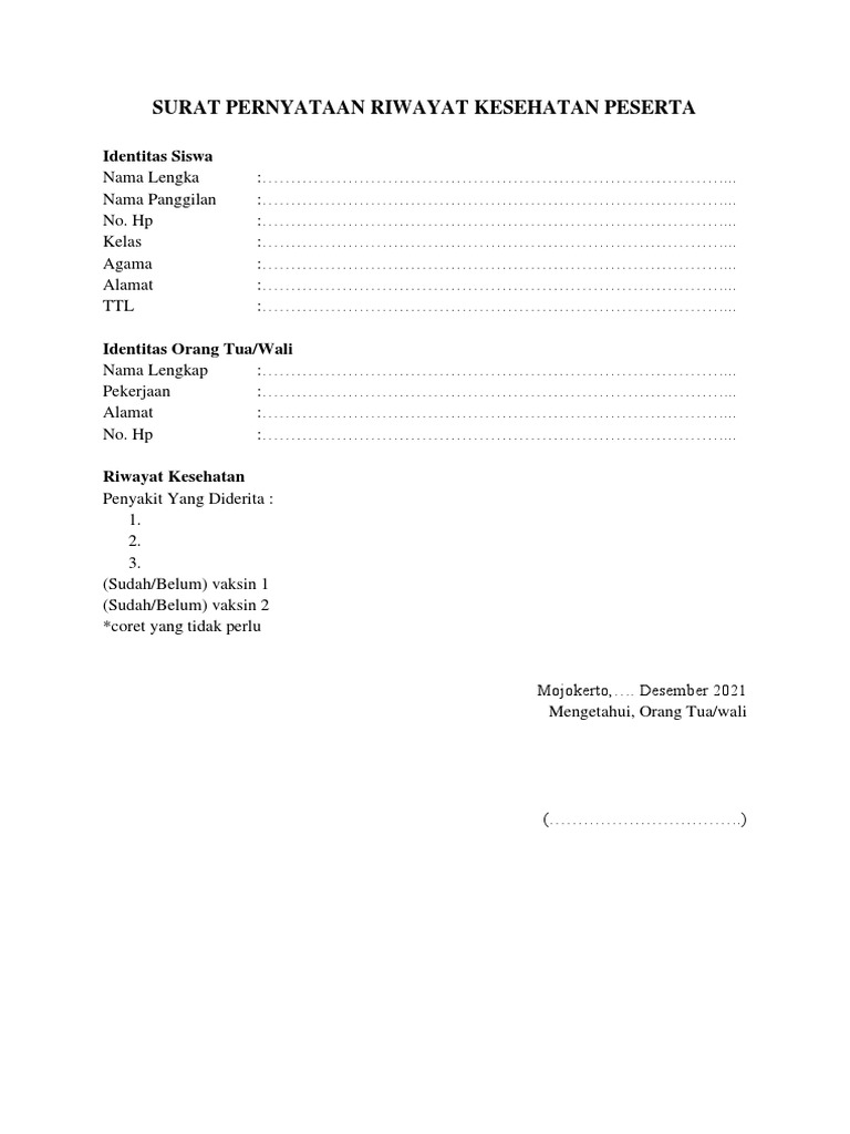 Surat Pernyataan Riwayat Kesehatan Peserta | PDF Surat Pernyataan Riwayat Kesehatan Peserta | PDF
