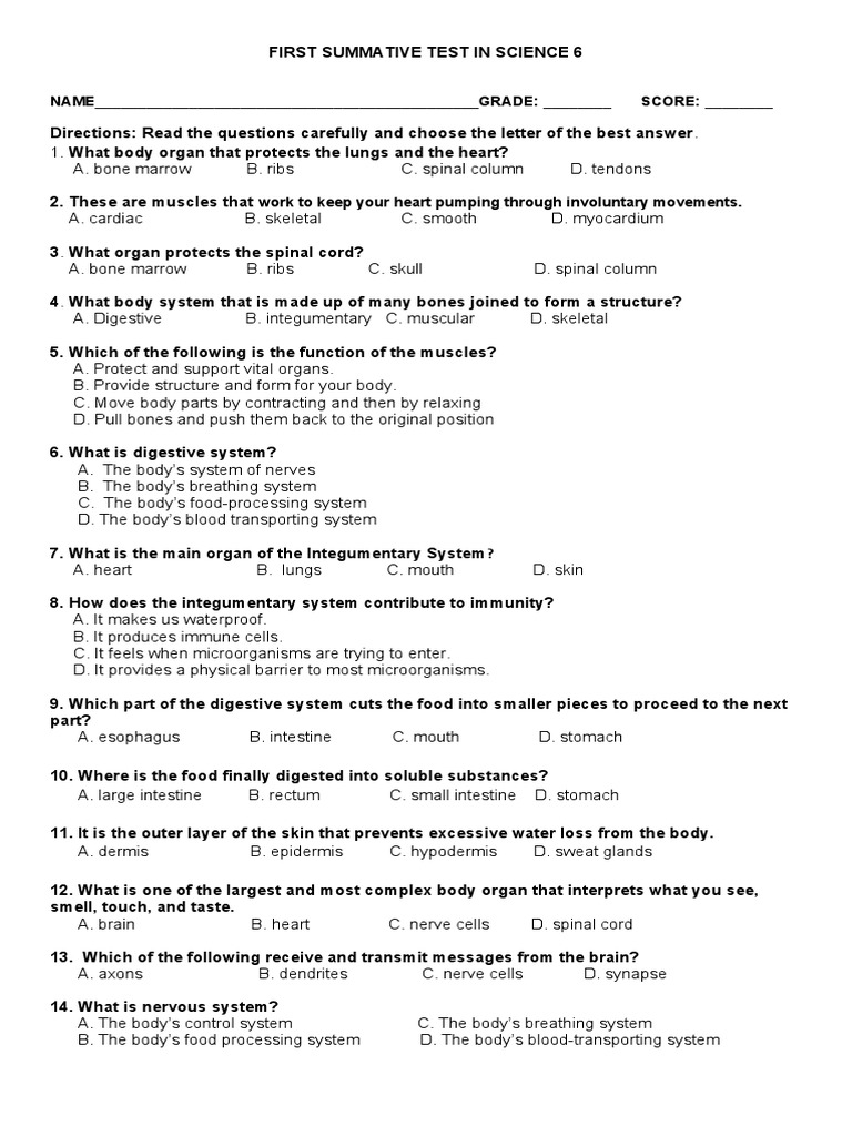 Grade 6 Human Body Systems Test | PDF | Human Body | Nervous System
