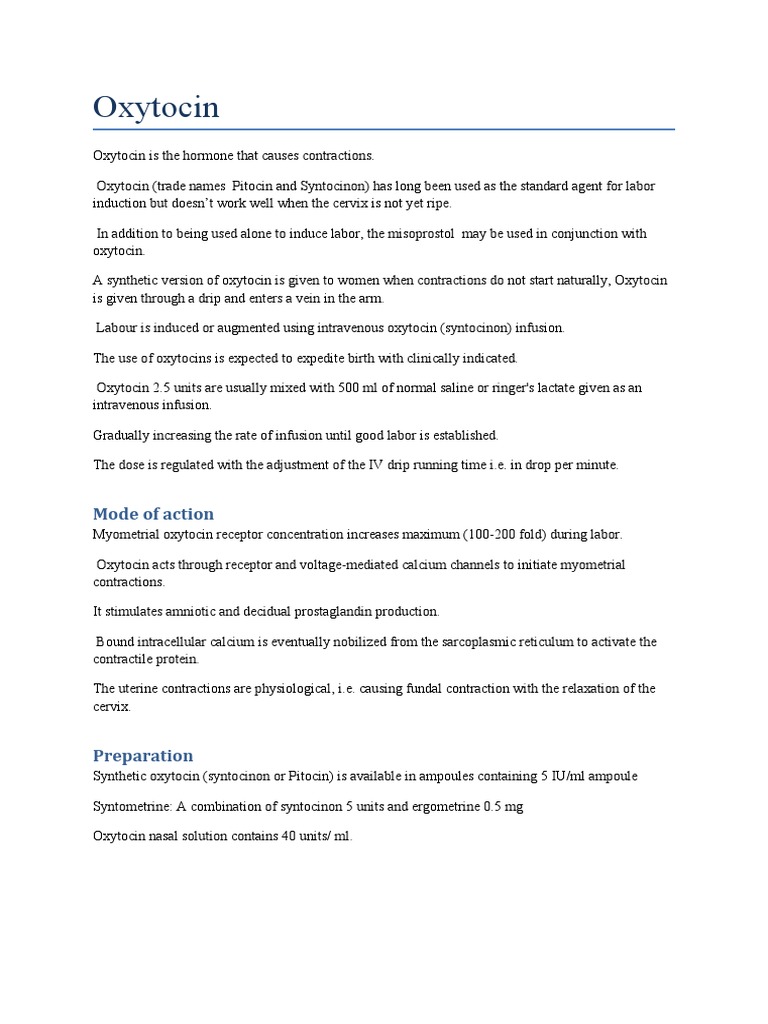 Oxytocin: Mode of Action | PDF | Childbirth | Intravenous Therapy
