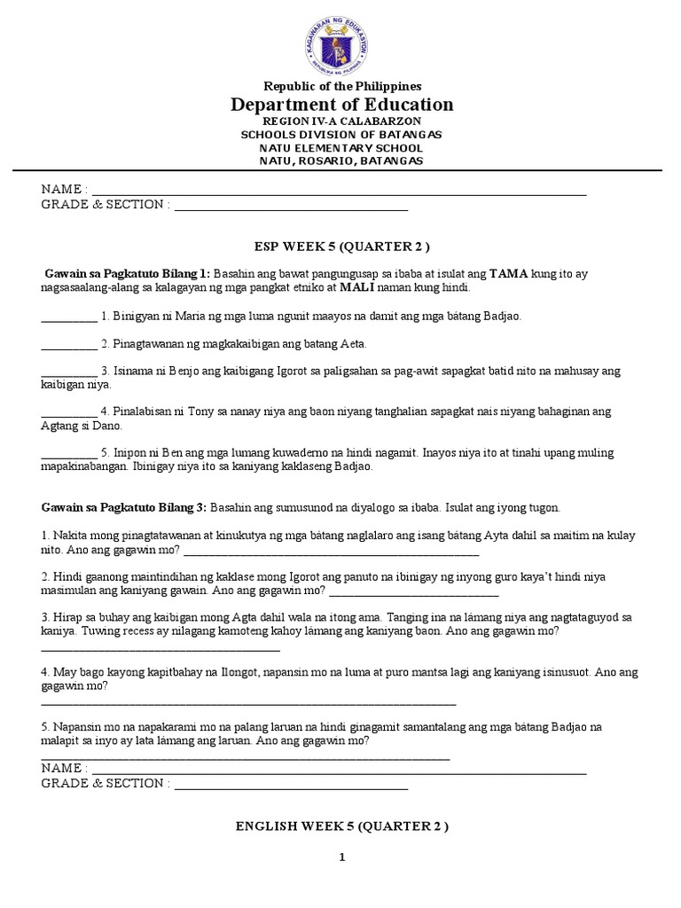 Week 5 Quarter 2 Worksheet | PDF