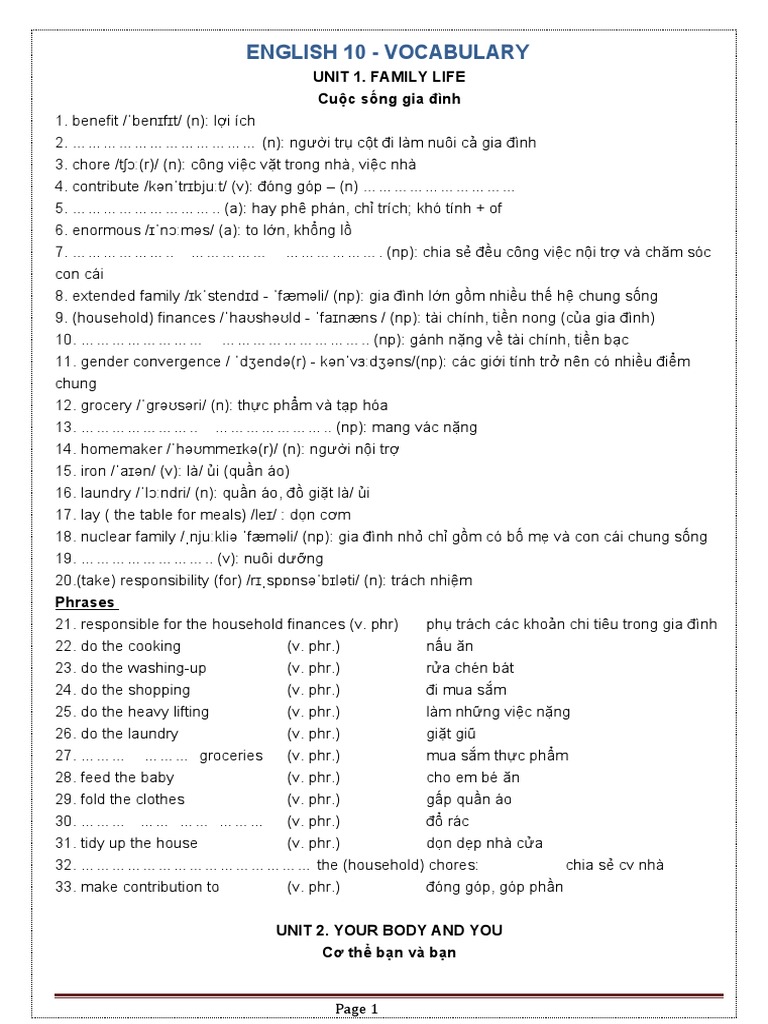 Anh 10 - Tu Vung - Hk1 - Hs | PDF