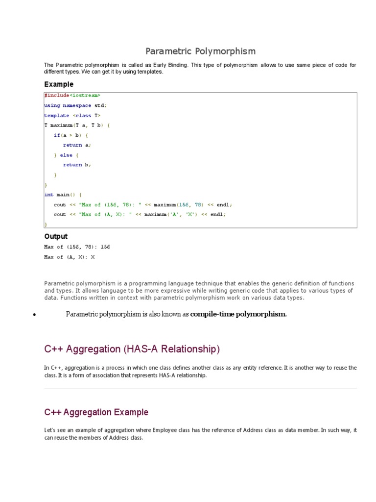 Parametric Polymorphism: C++ Aggregation (HAS-A Relationship) | PDF | Object Oriented ...