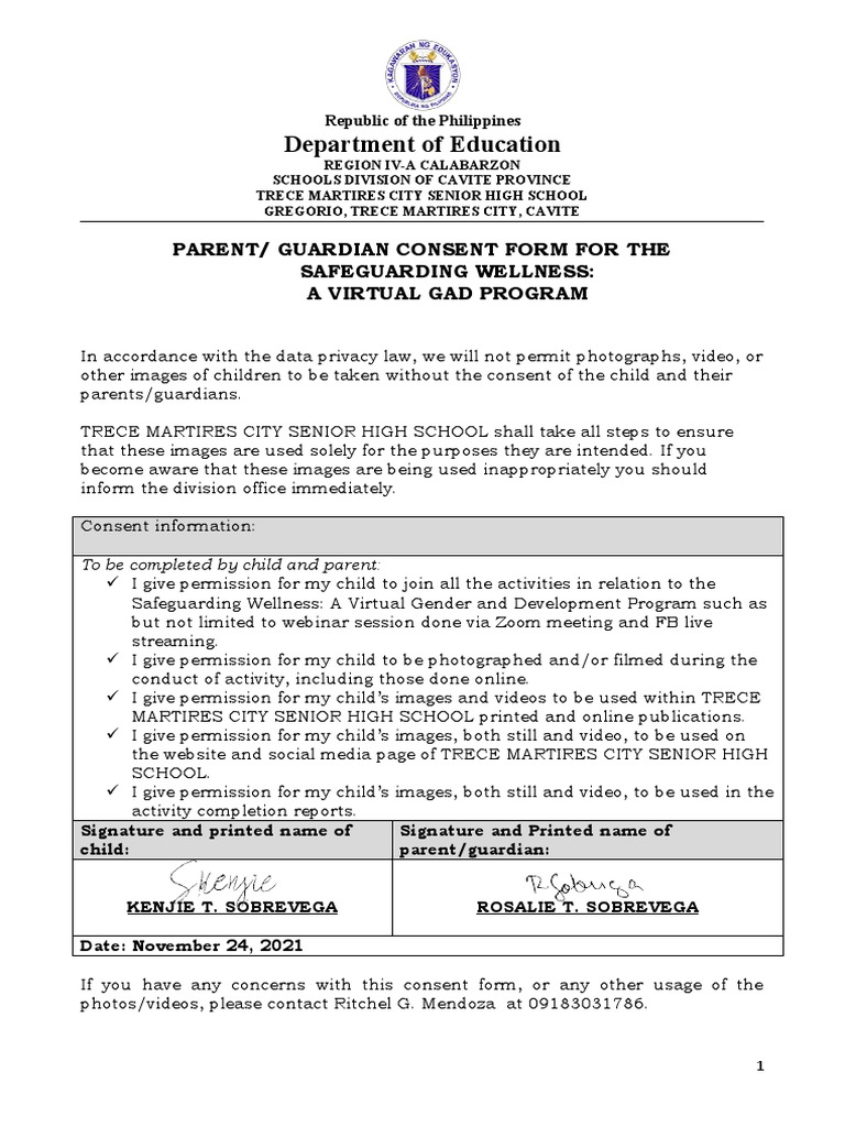 Department of Education: Parent/ Guardian Consent Form For The ...