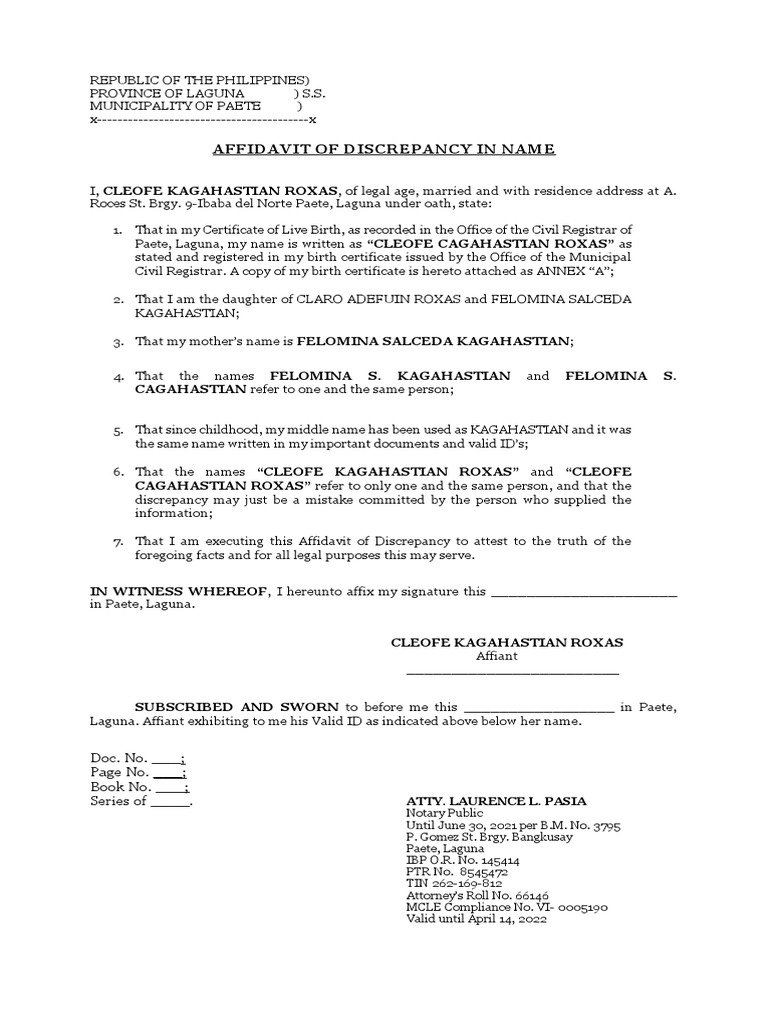 Affidavit of Discrepancy in Name: Doc. No. - Page No. - Book No ...