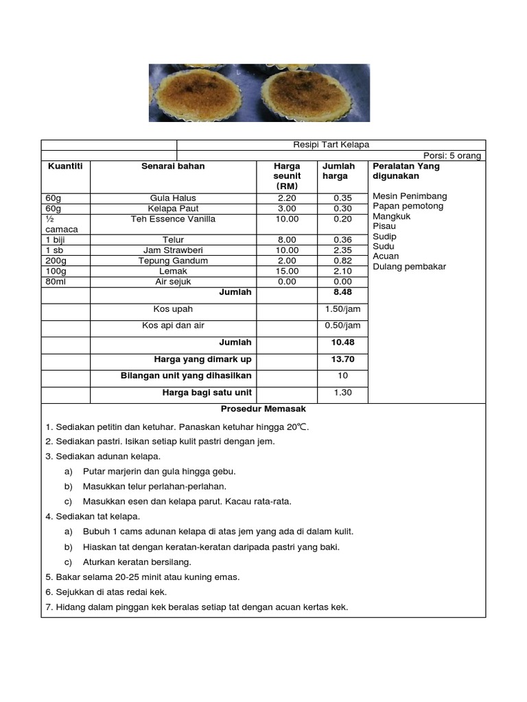 Resipi Standard Tart Kelapa | PDF