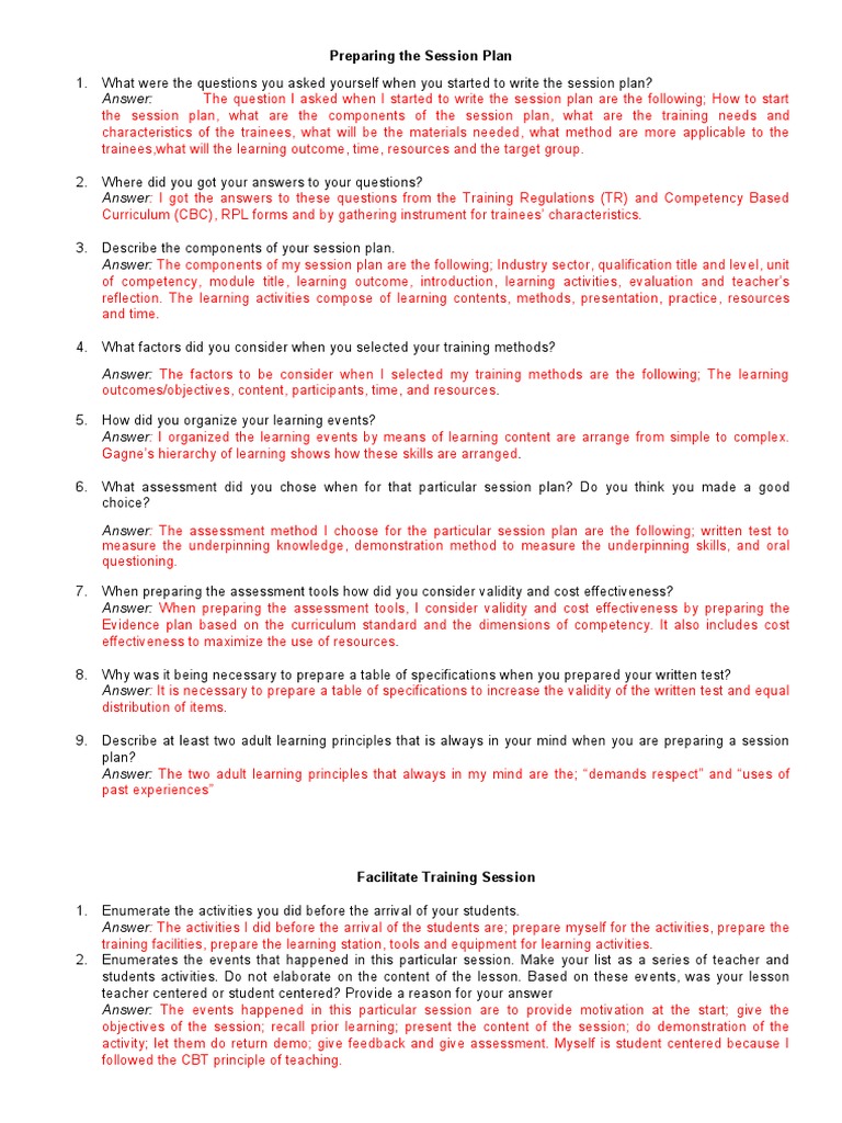 Answer:: Preparing The Session Plan | PDF | Educational Assessment ...