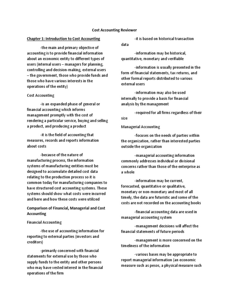Cost Accounting Reviewer Chapter 1: Introduction To Cost Accounting ...