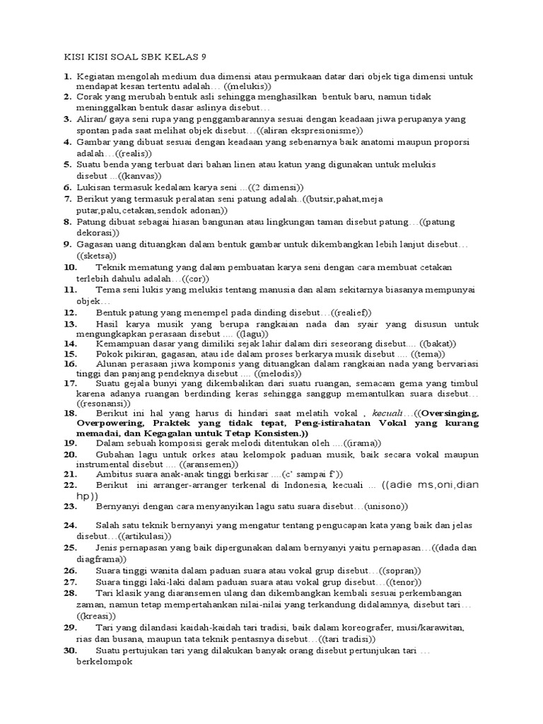 Kisi Kisi Soal SBK Kelas 9 | PDF