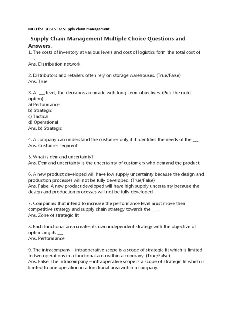 MCQ Supply chain management multiple choice questions | PDF | Supply ...
