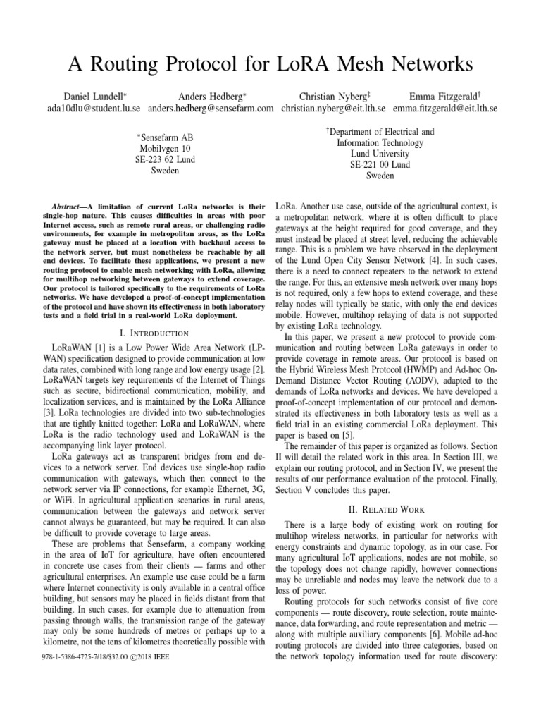 A Routing Protocol For Lora Mesh Networks | PDF | Routing | Computer Network