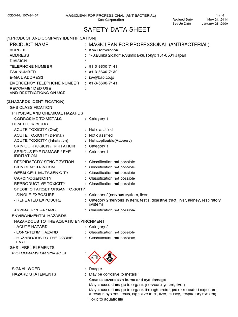 Safety Data Sheet: Magiclean For Professional (Antibacterial) : Product ...