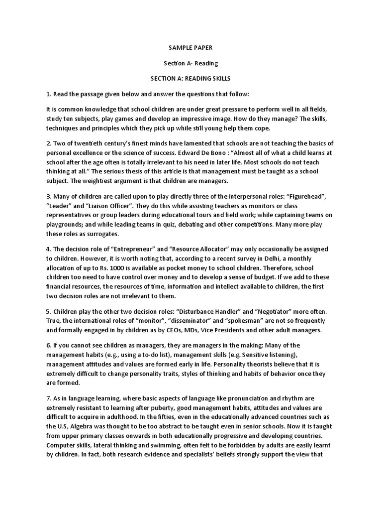 Class 11 English Sample Paper Guide | PDF | Learning | Creativity