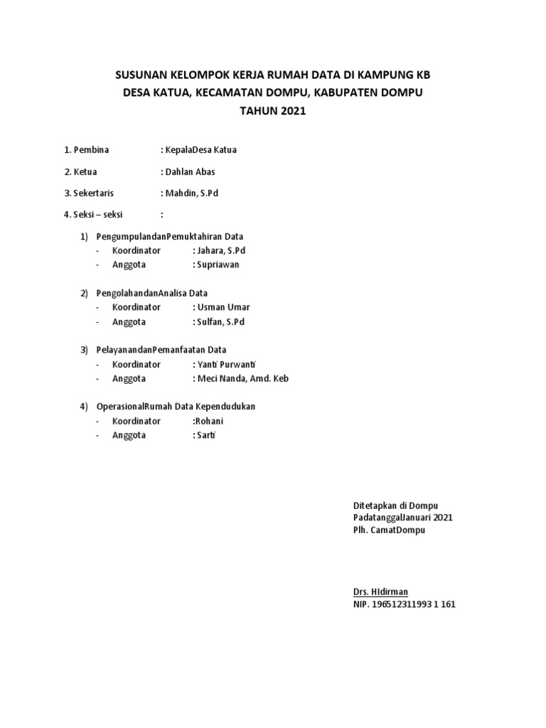 Struktur Kelompok Kerja Rumah Data KB | PDF