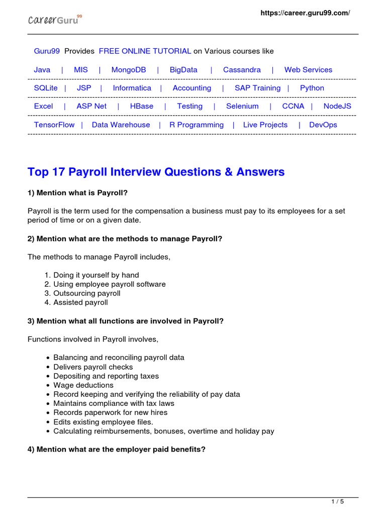 Top 17 Payroll Interview Questions & Answers: 1) Mention What Is Payroll? | PDF | Payroll ...