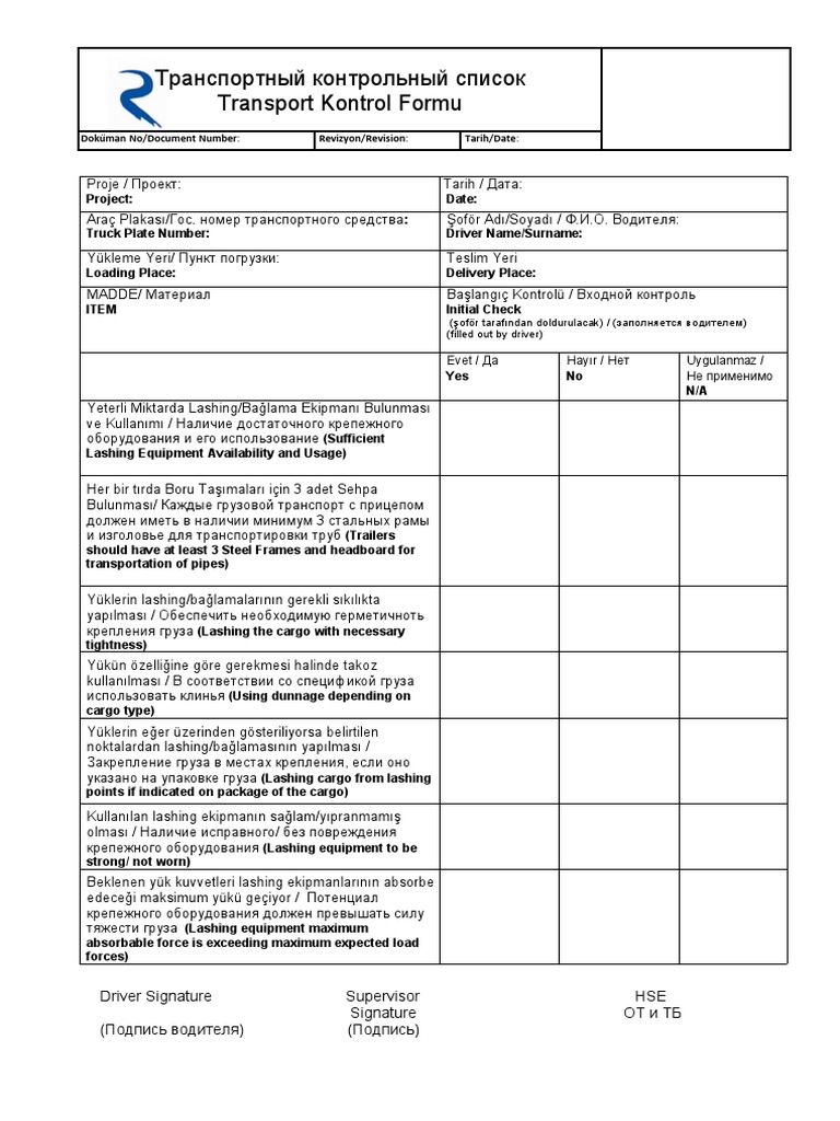 RHI-HSE-FRM-00xx - Check List For Cargo Lashing | PDF