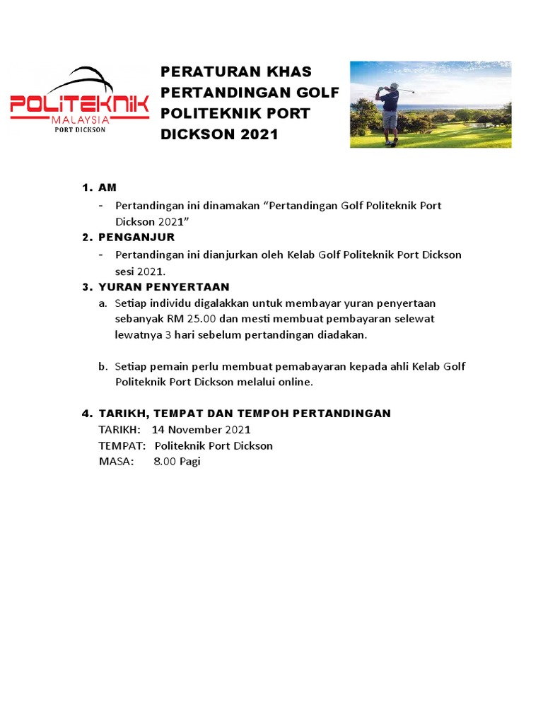 Peraturan Khas Pertandingan Golf Politeknik Port Dickson 2021 | PDF