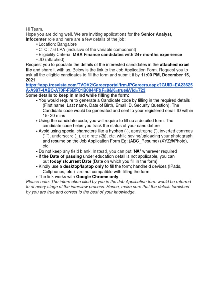 JD - Tresvista Financial Services | PDF