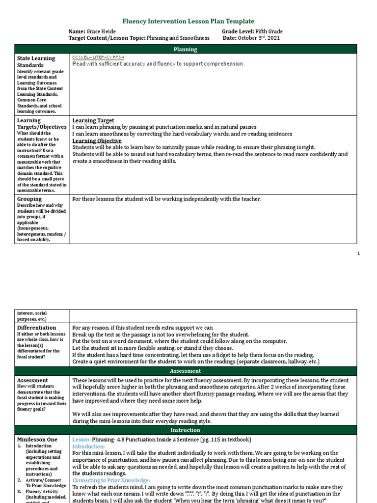 Fluency Intervention Lesson Plan Template: Read With Sufficient ...