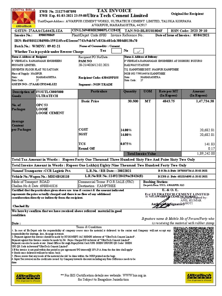 Tax Invoice Ultra Tech Cement Limited: Plant/Depot Code:6980 Invoice ...