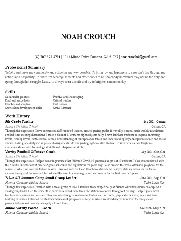 Official Resume Noah Crouch | PDF | Teachers | Schools