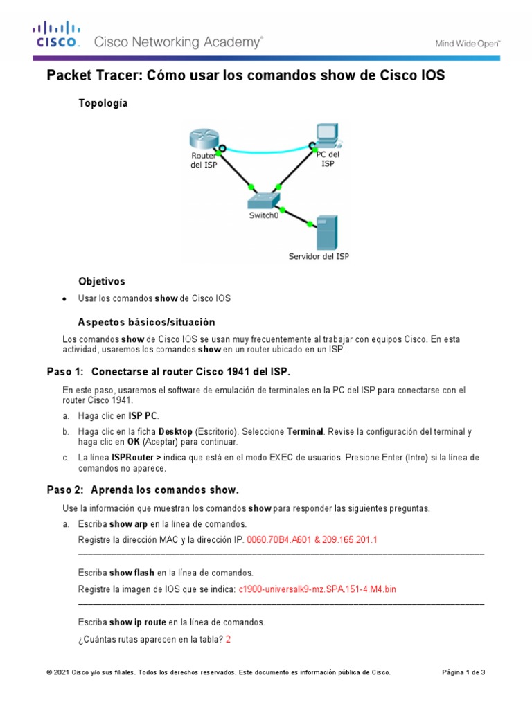 8.4.1.3 Packet Tracer - Using The Cisco IOS Show Commands | PDF | Enrutador (Computación ...