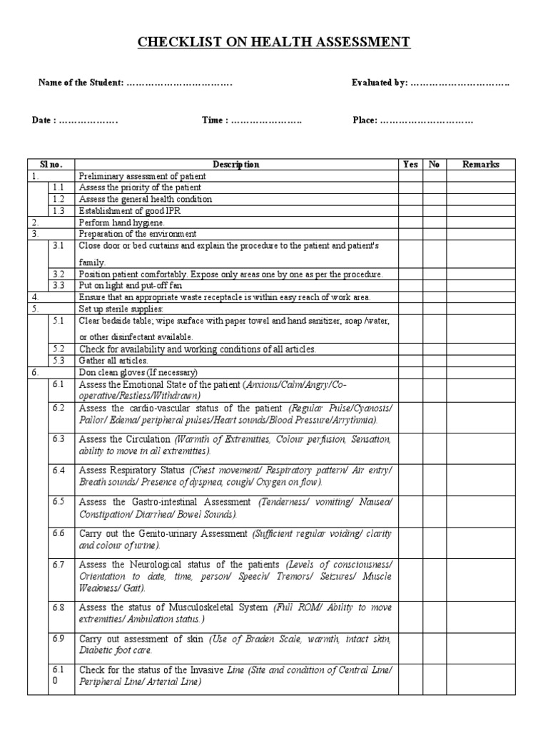 Checklist On Health Assessment | PDF | Clinical Medicine | Medical ...