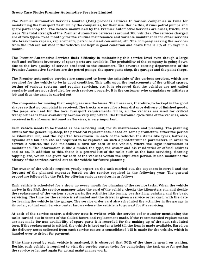 Group Case Study: Premier Automotive Services Limited | PDF | Business Process | Business