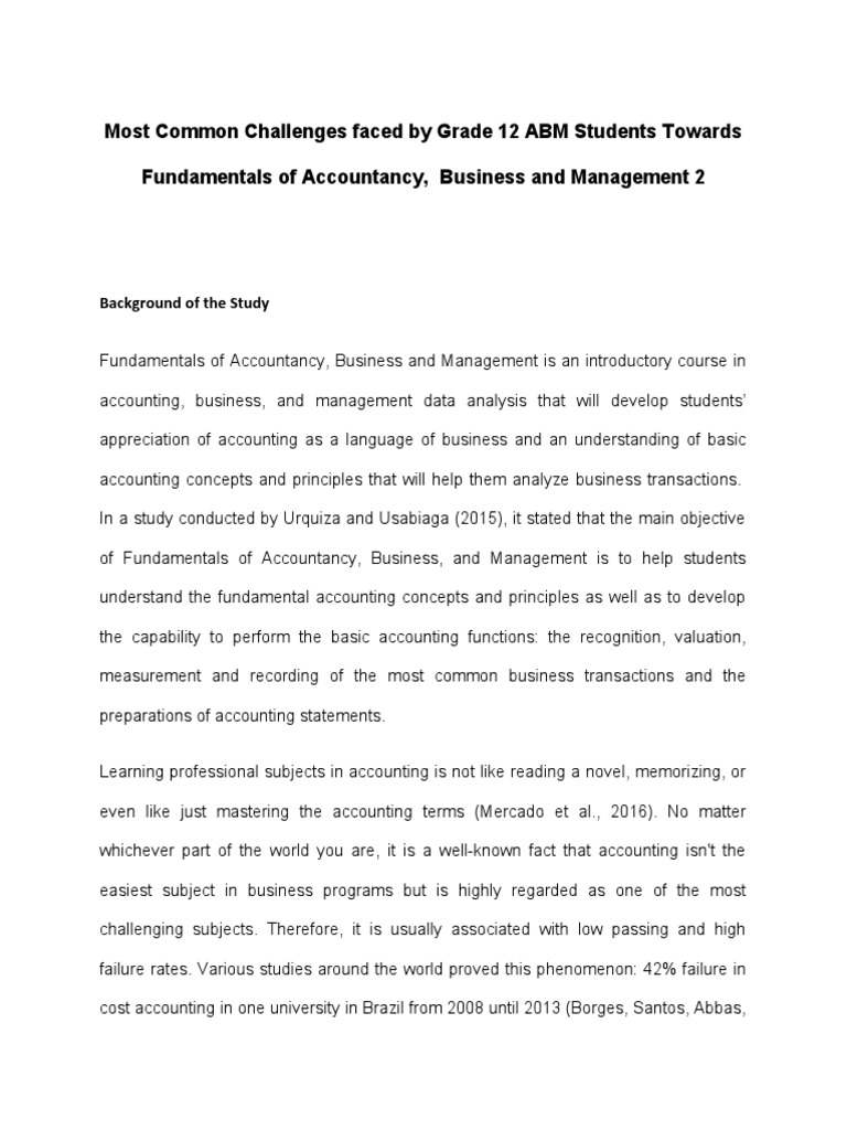 Most Common Challenges Faced by Grade 12 ABM Students Towards ...