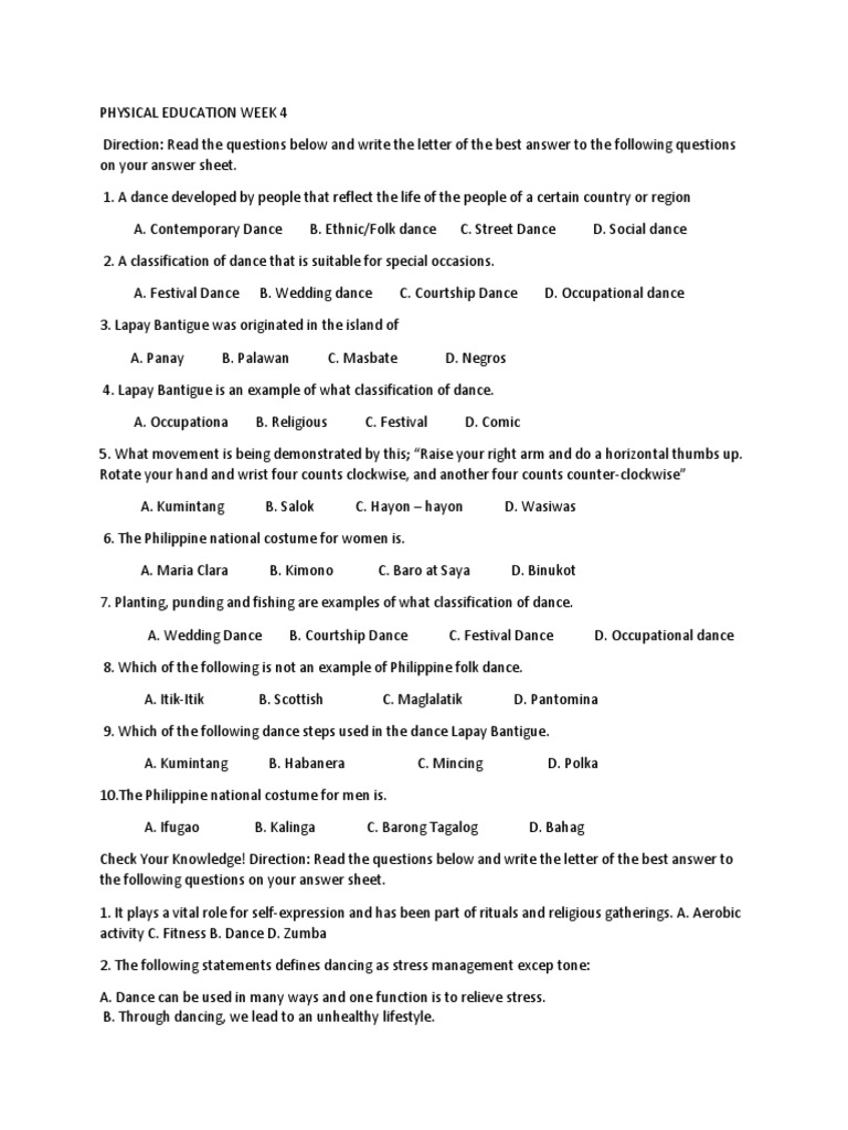 Physical Education Dance Quiz and Benefits | PDF | Stress (Biology ...