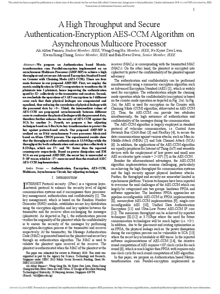 A High Throughput and Secure Authentication-Encryption AES-CCM Algorithm On Asynchronous ...