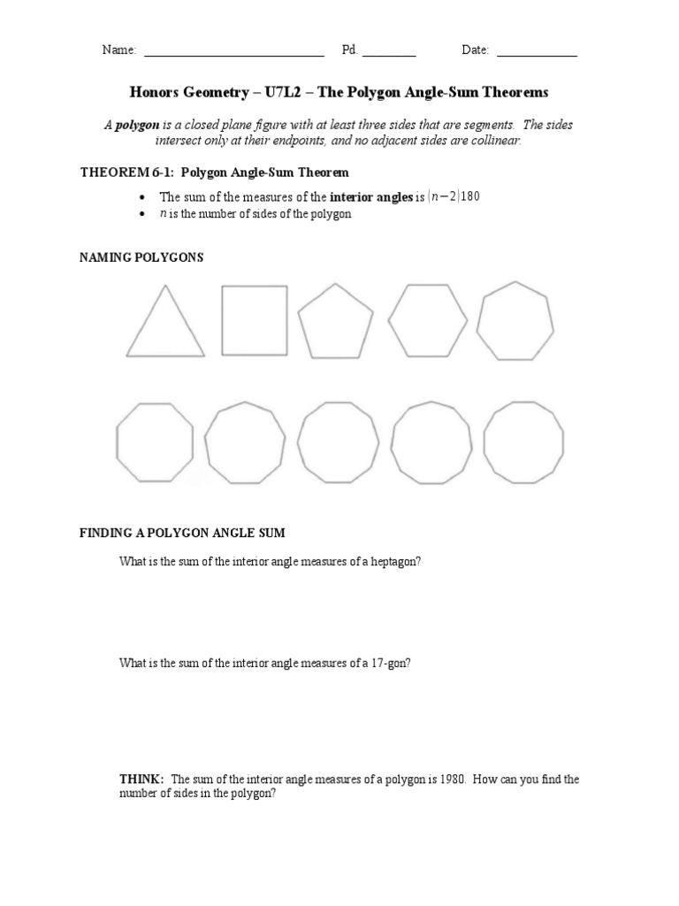 Honors Geometry - U7L2 - The Polygon Angle-Sum Theorems | PDF
