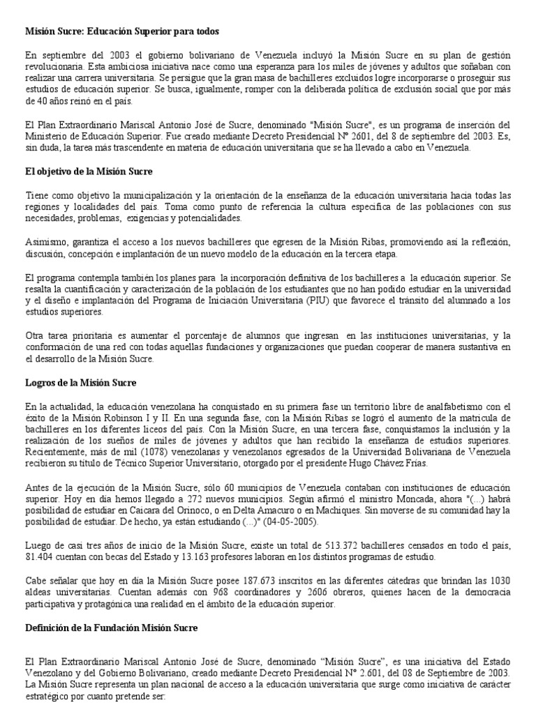 Misión Sucre: Educación Universitaria Inclusiva | PDF | Venezuela ...
