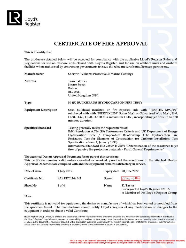 LR Bulkhead Cert | PDF