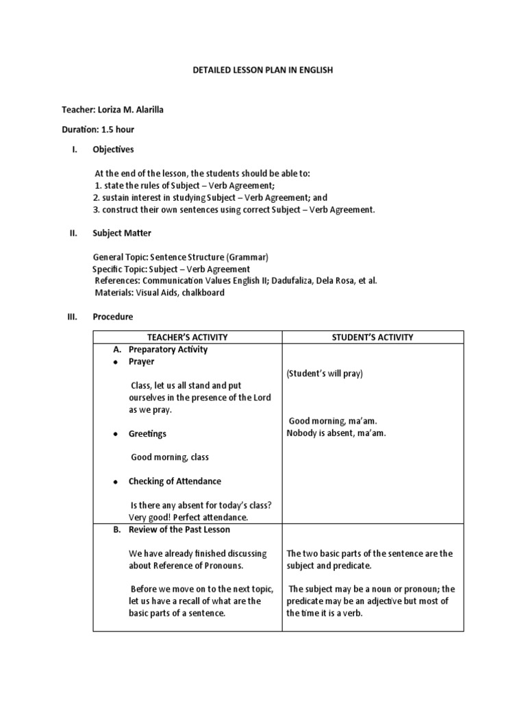Subject-Verb Agreement Lesson Plan | PDF | Subject (Grammar ...