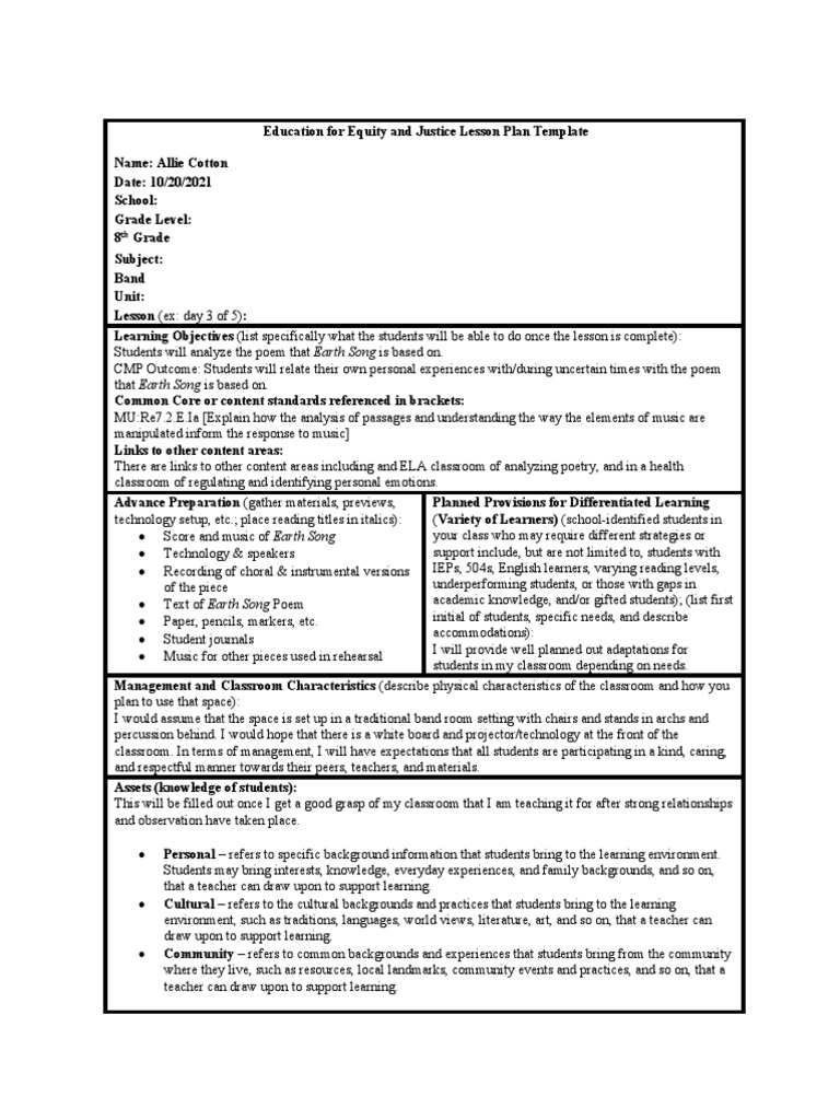 Mued 318 - Earth Song Lesson Plan | PDF | Educational Assessment | Teachers