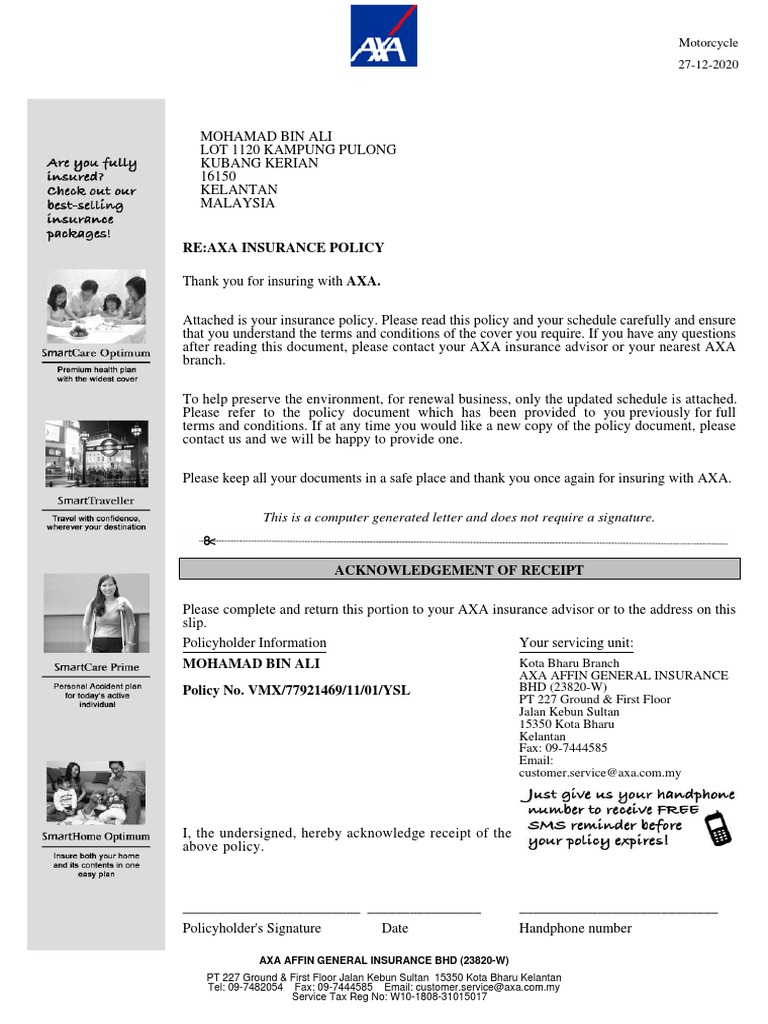 Re:Axa Insurance Policy: This Is A Computer Generated Letter and Does ...