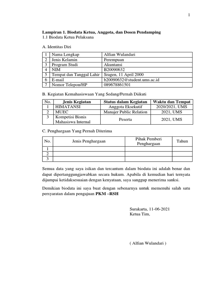 Biodata Tim PKM-RSH Akuntansi UMS | PDF | Karier & Perkembangan | Hukum