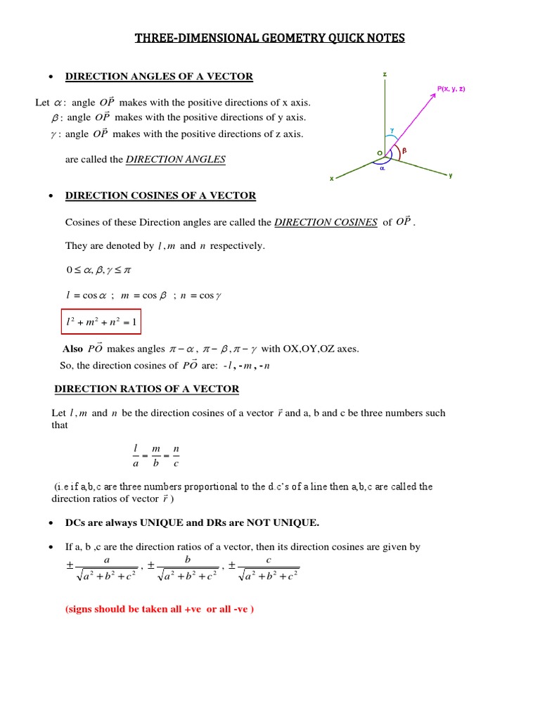 Three-Dimensional Geometry Quick Notes: Also O | PDF | Plane (Geometry ...