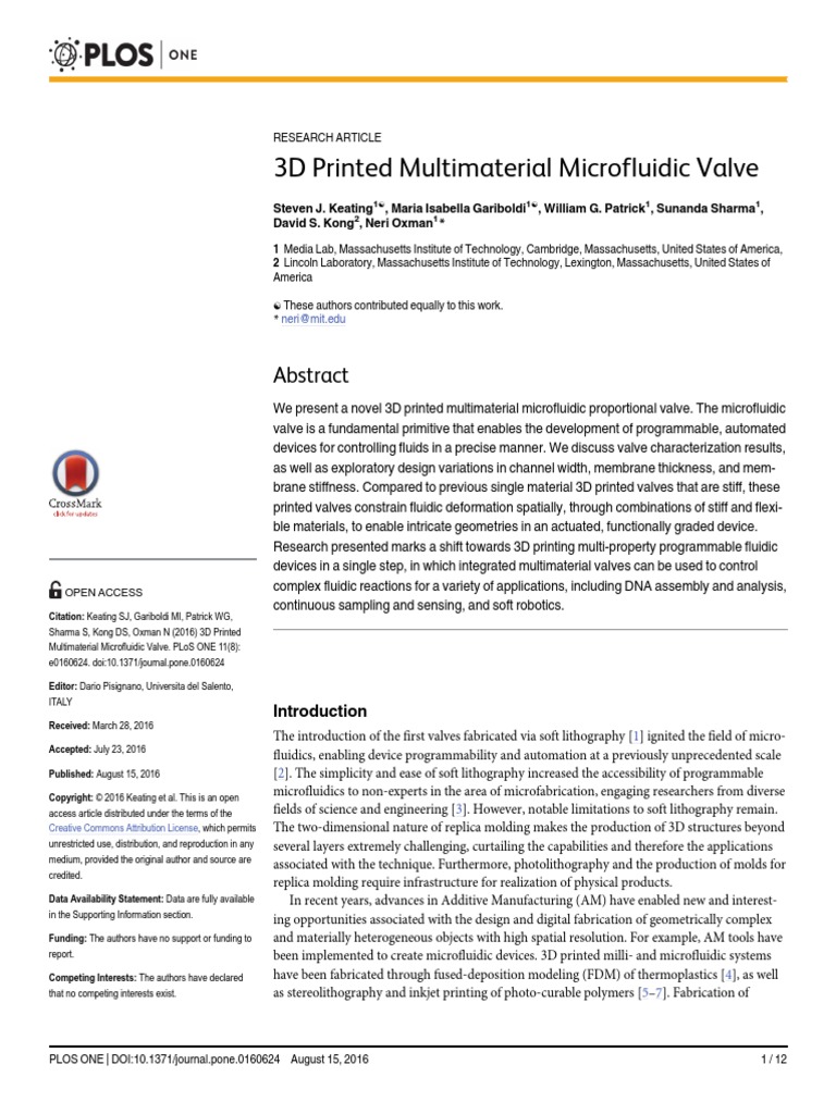 3D Printed Multimaterial Microfluidic Valve | PDF | 3 D Printing | Microfluidics