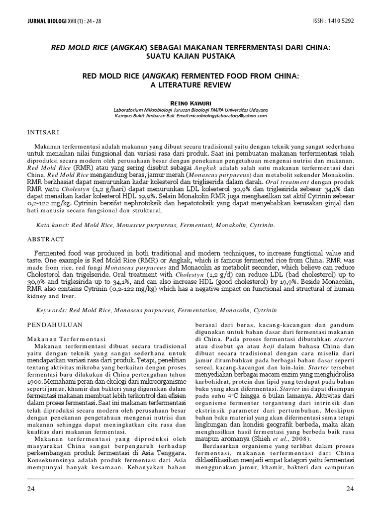 Suatu Kajian Pustaka Red Mold Rice (Angkak) Fermented Food From China ...