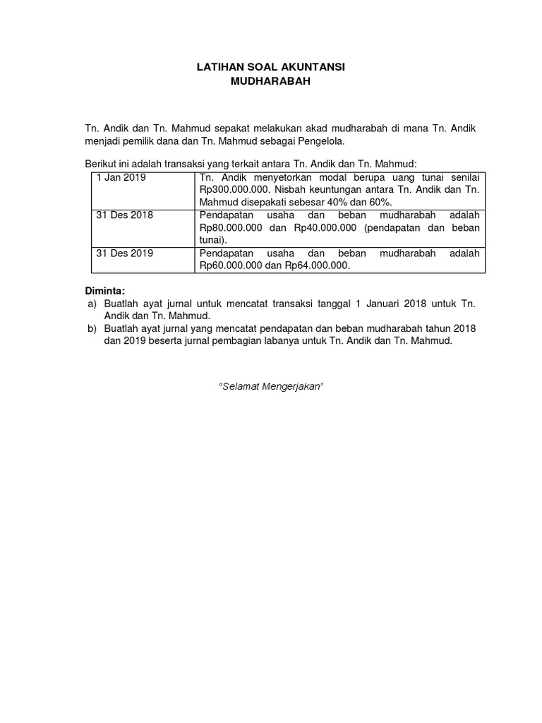 Latihan Soal Akt Mudharabah | PDF | Pengelolaan Keuangan & Uang