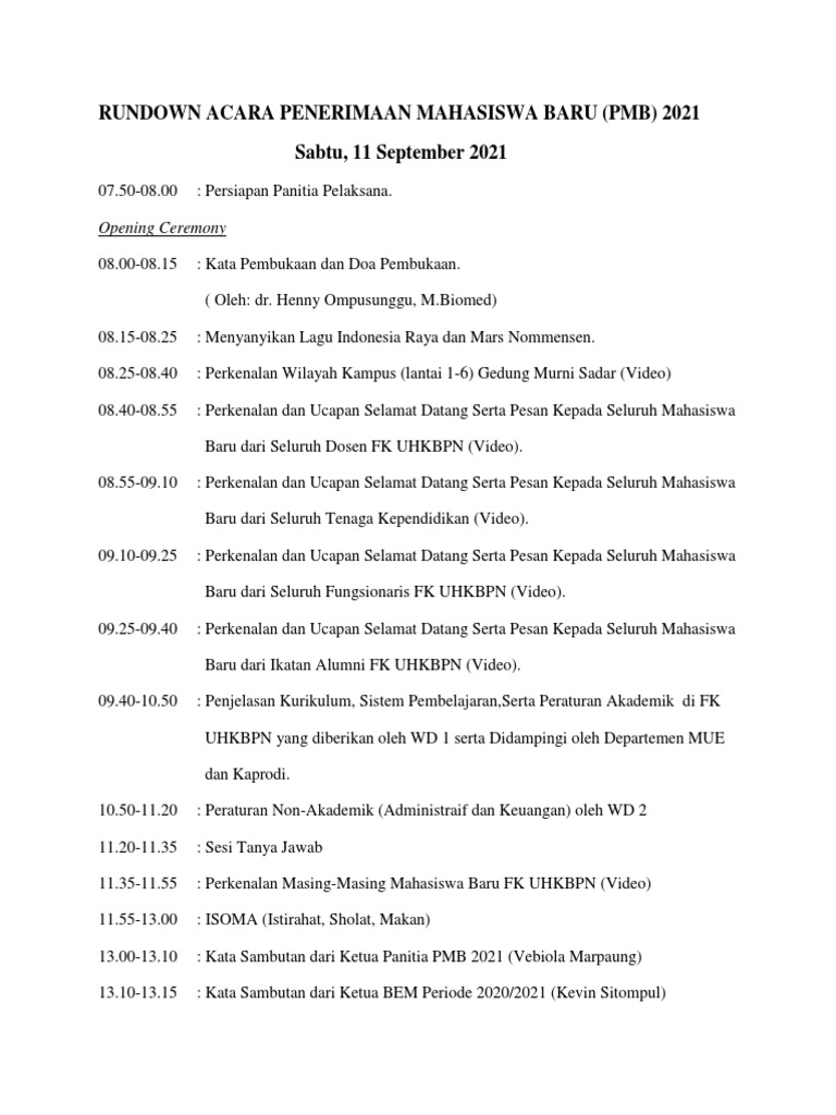 Rundown Acara Penerimaan Mahasiswa Baru | PDF