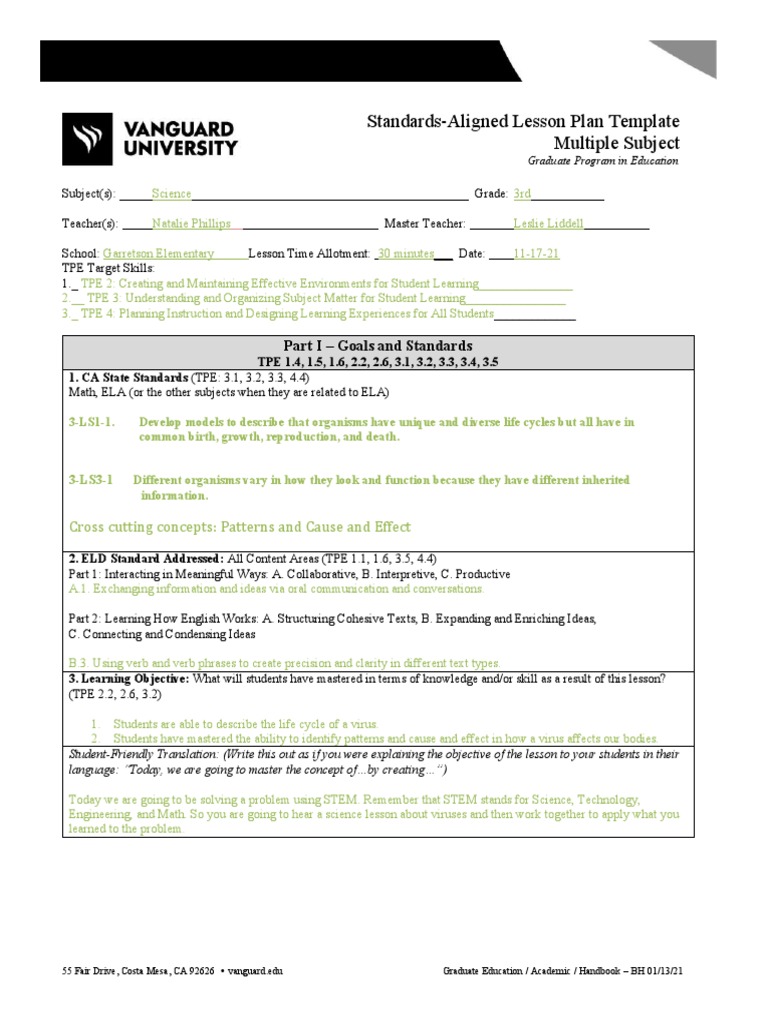 Standards-Aligned Lesson Plan Template Multiple Subject: Part I - Goals ...