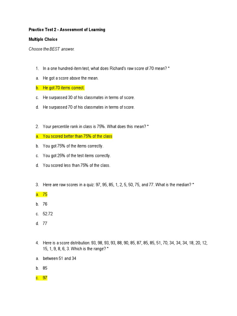 Choose The BEST Answer.: Practice Test 2 - Assessment of Learning ...