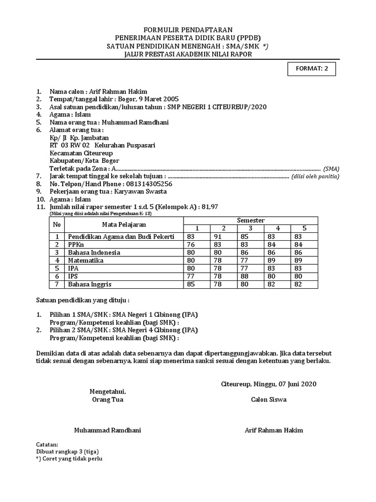 Form 2 PPDB Japres Akademik Nilai Rapor | PDF