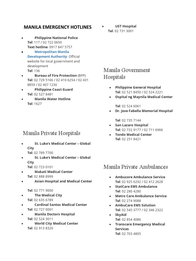 Manila Emergency Contact Numbers | PDF | Manila | Emergency Medical ...